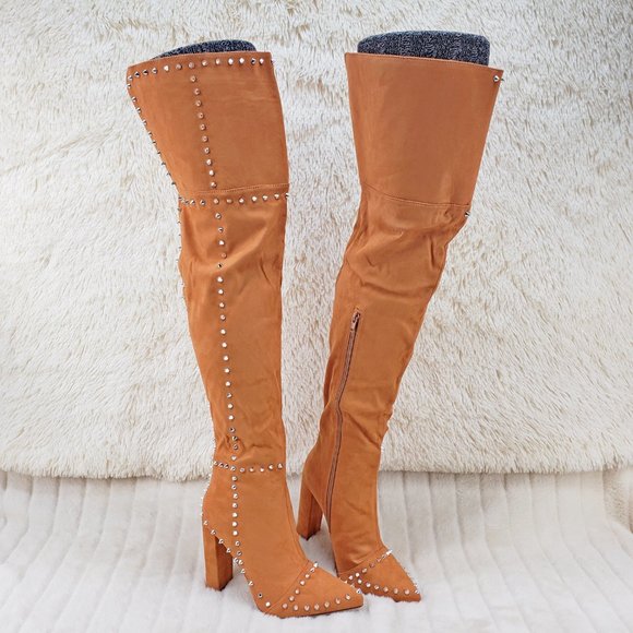 Pazzle | Shoes | Steph Camel Tan Suede Studded Chunky Heel Thigh High ...